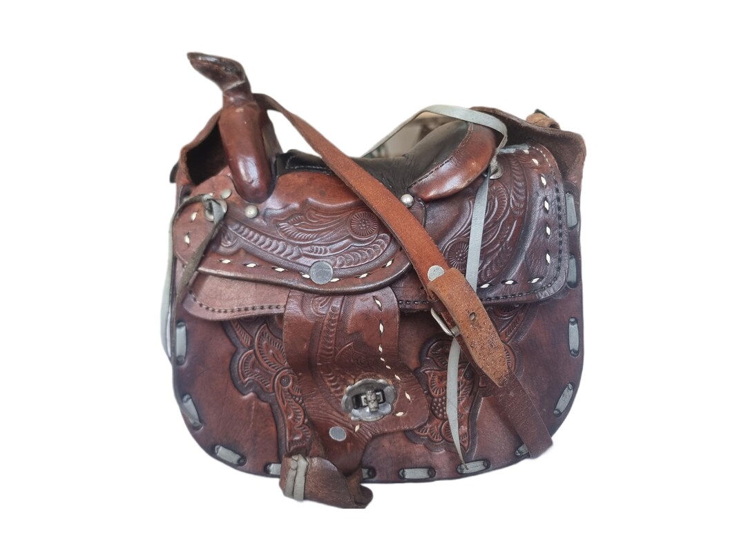 Tooled HORSE SADDLE LEATHER Bag, Vintage Western Bag, Floral Embossed ...