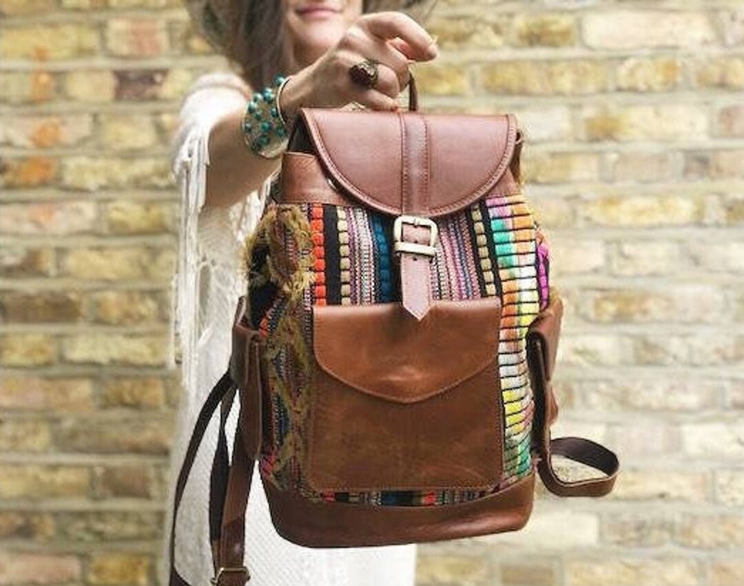 Large Hippie Leather Backpack Purse With Multicoloured Rainbow Stripes ...