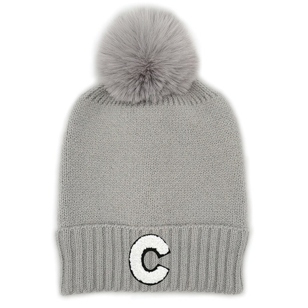 Letter C Chenille Patch Faux Fur Pom Pom Knit Beanie, Winter Beanies ...