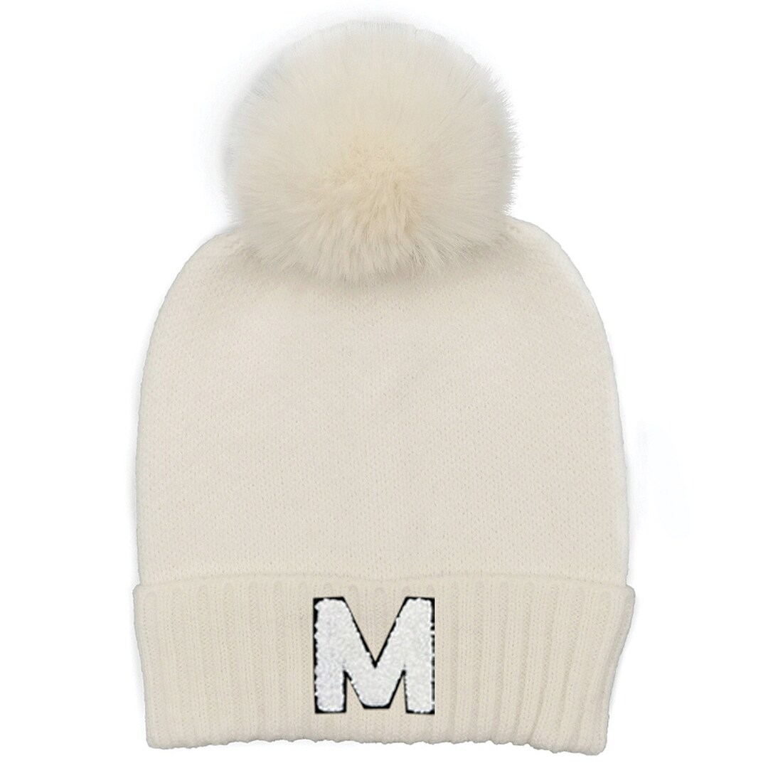 Letter M Chenille Patch Faux Fur Pom Pom Knit Beanie, Winter Beanies ...