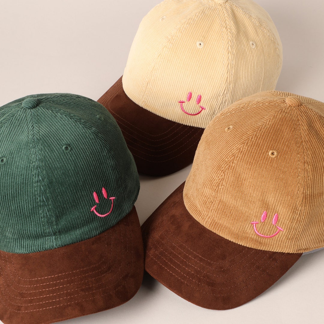 Happy Face Embroidered Two-tone Corduroy Cap, Plain Two-tone Corduroy ...