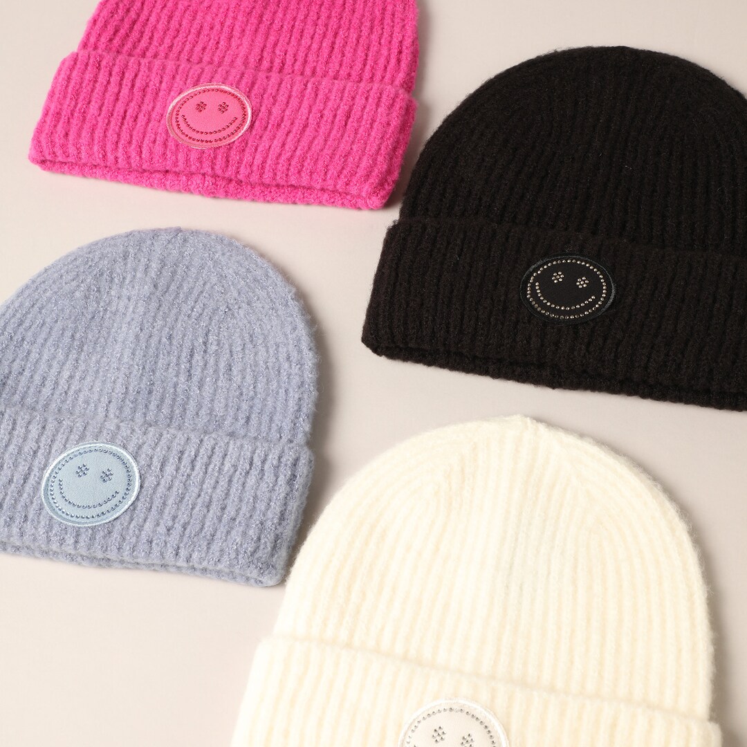 Happy Face Patch Ribbed Cuff Beanie, Happy Face Collection, Winter ...