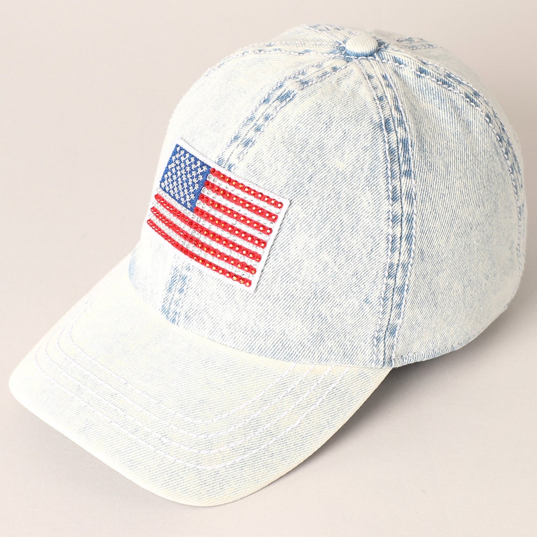 Rhinestone US Flag Patch Denim Baseball Cap, Stylish Casual 100% Cotton ...