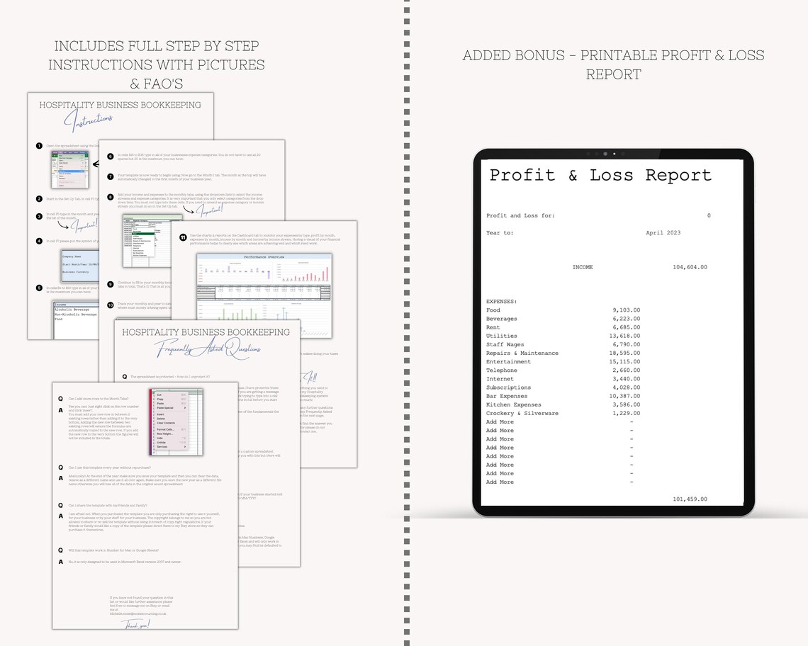 Hospitality Business Income and Expenses Bookkeeping Spreadsheet ...