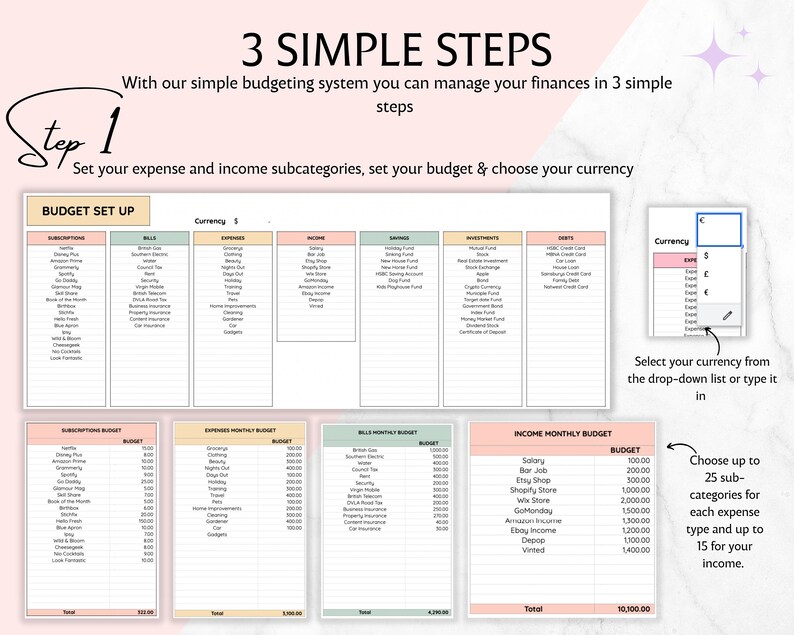Simple Monthly Budget Spreadsheet Google Sheet Budget Template Digital ...