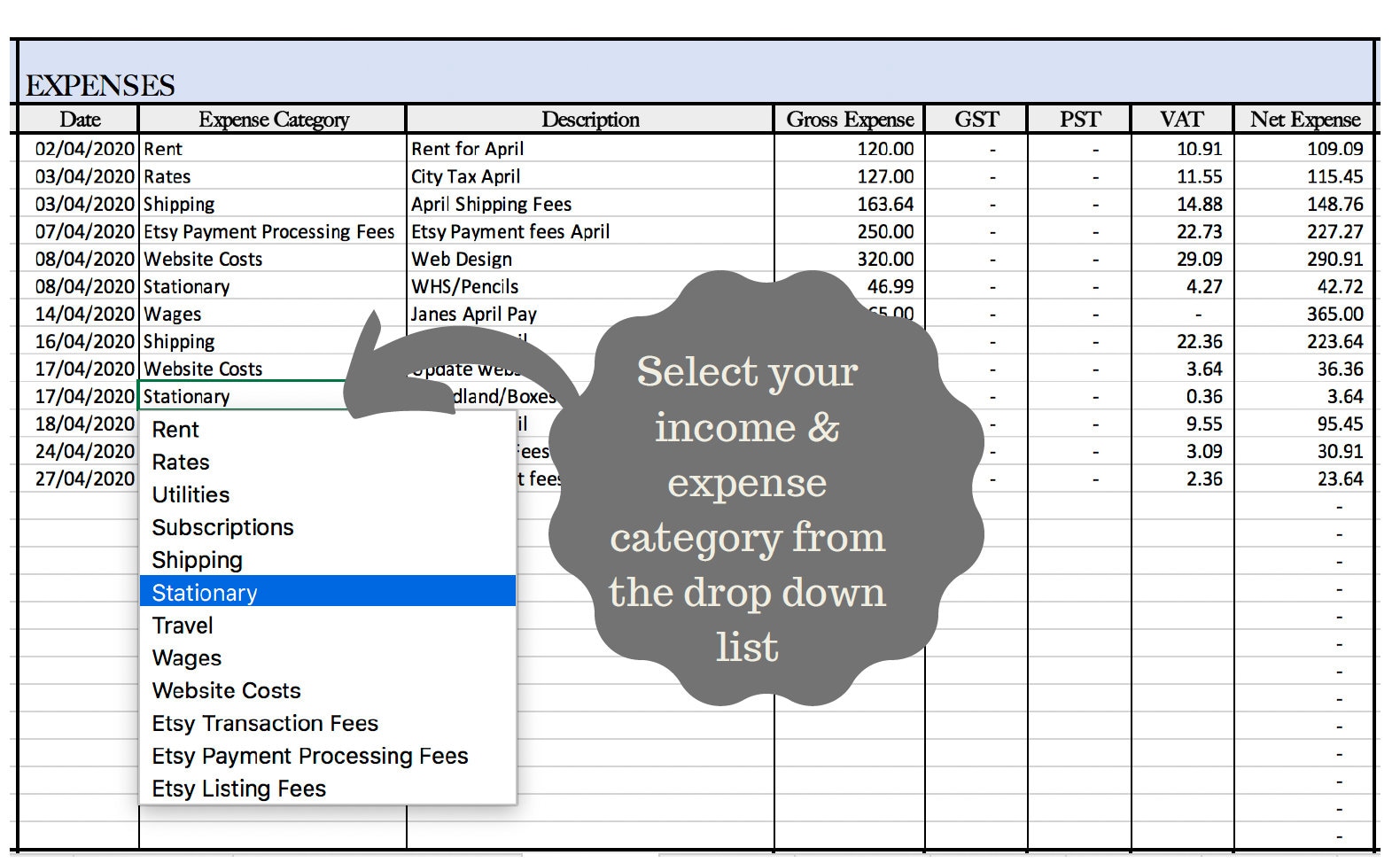 Budget and Bookkeeping Spreadsheets With Tax Columns. Perfect for Etsy ...