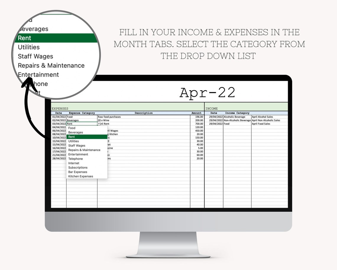Hospitality Business Income and Expenses Bookkeeping Spreadsheet ...