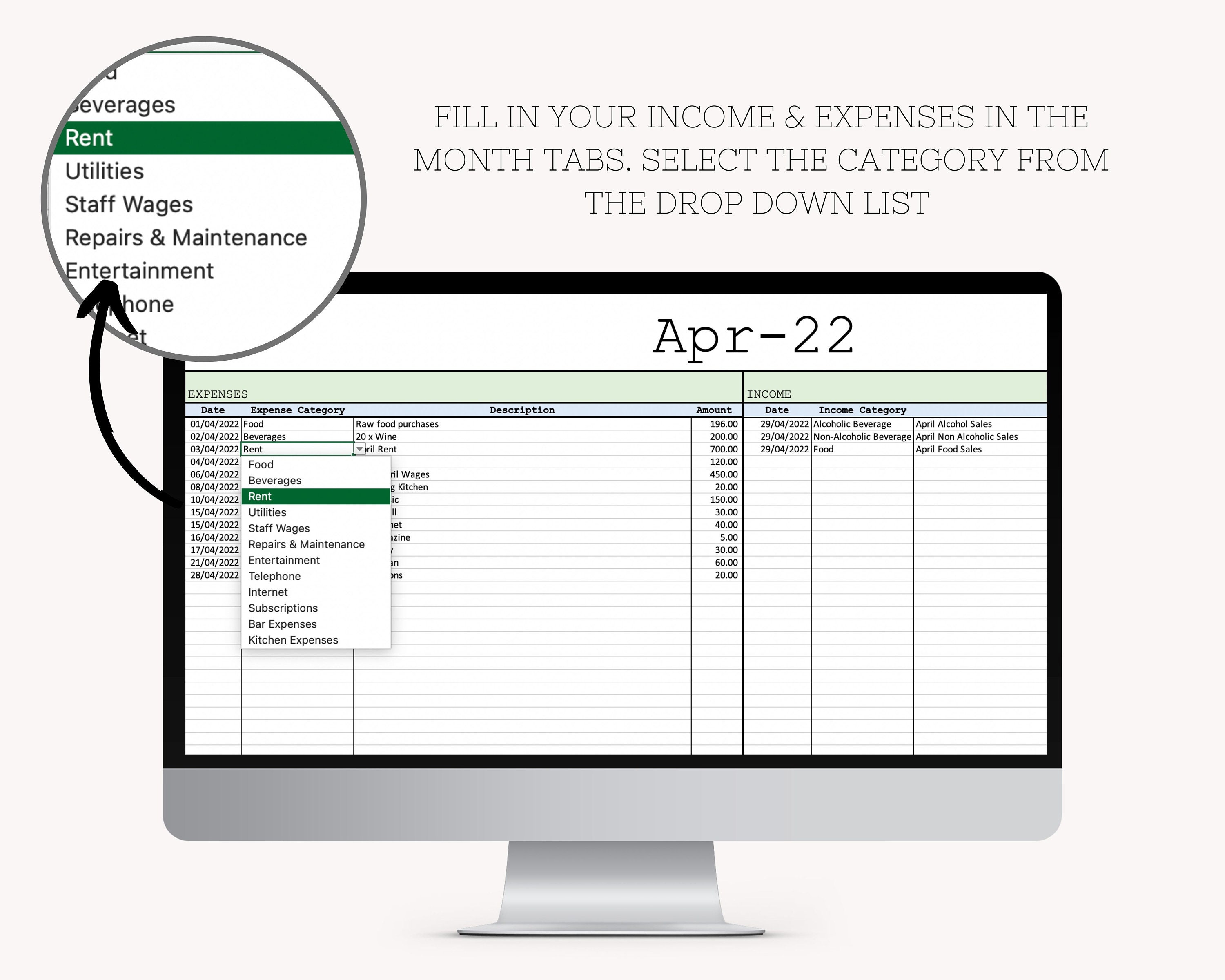 Hospitality Business Income and Expenses Bookkeeping Spreadsheet ...
