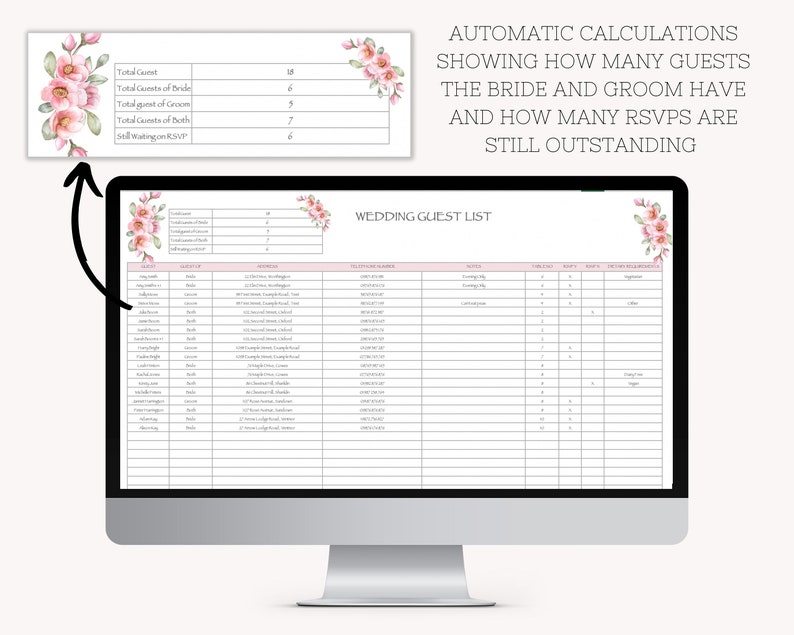 Wedding Guest List Excel Spreadsheet, Pink Wedding Guest Planner ...
