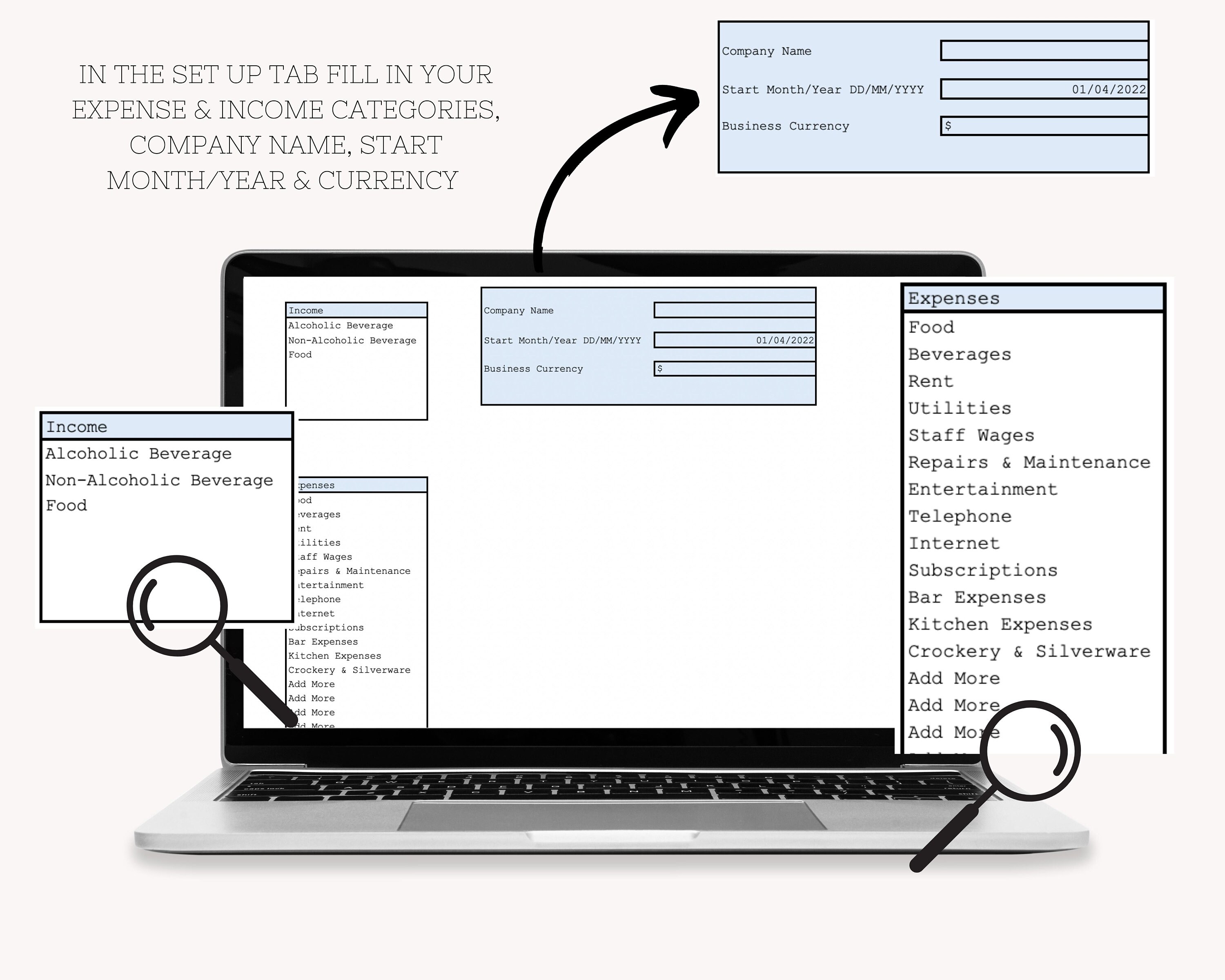 Hospitality Business Income and Expenses Bookkeeping Spreadsheet ...