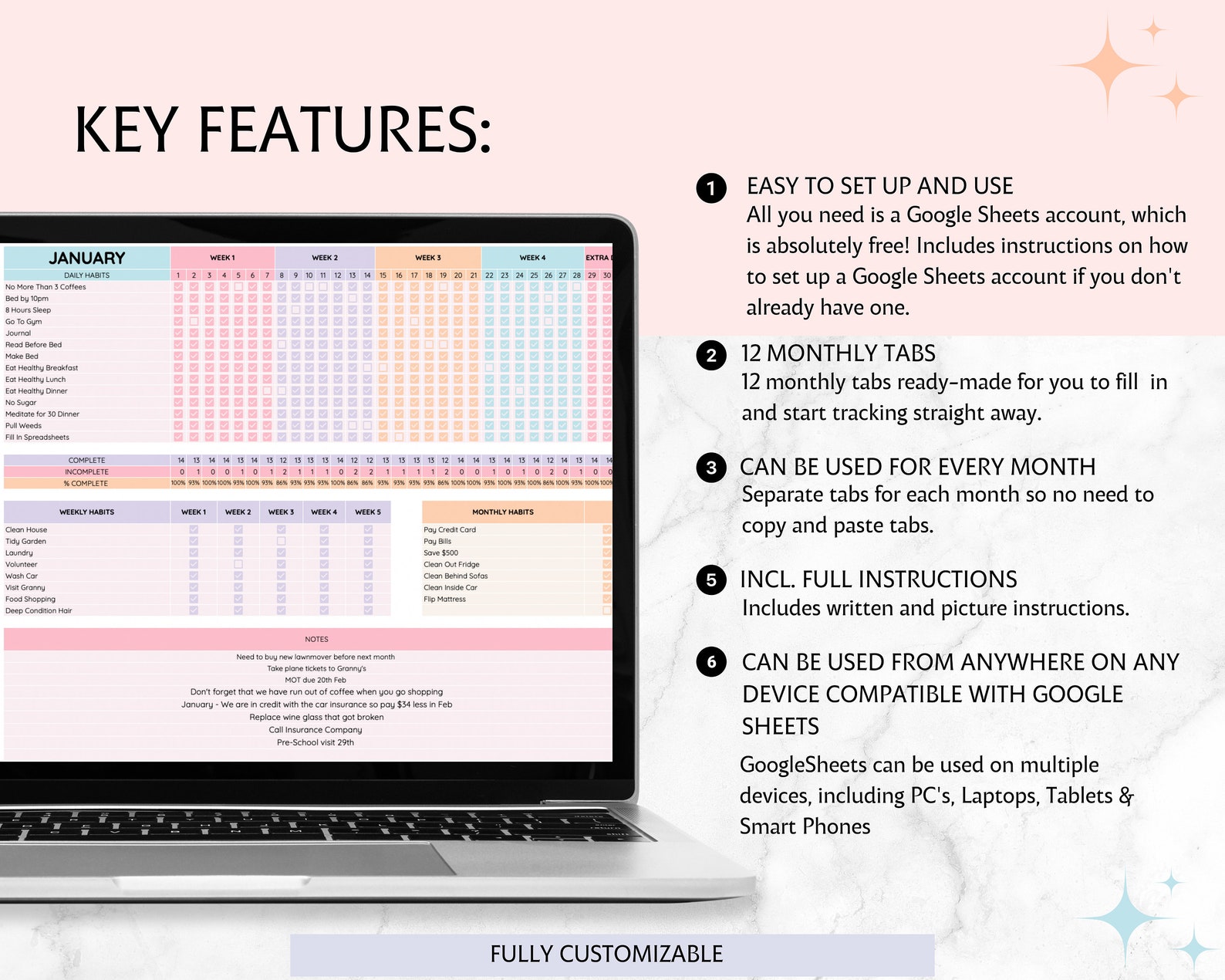 Habit Tracker, Google Sheets Habit Spreadsheet, Daily, Weekly, Monthly ...