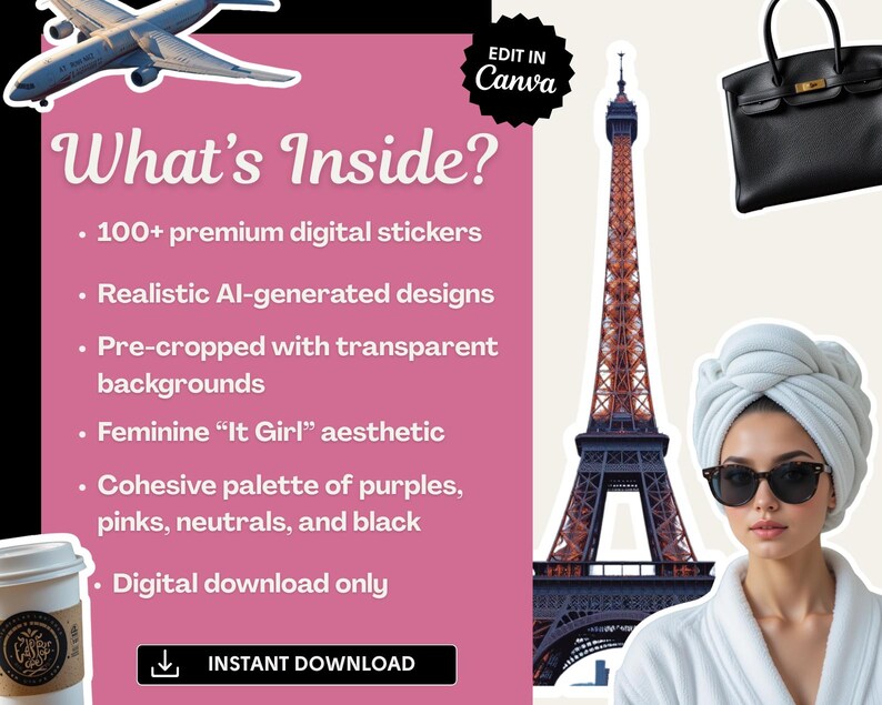 It Girl Digital Stickers Bundle | PLR & MRR Digital Product | Canva ...
