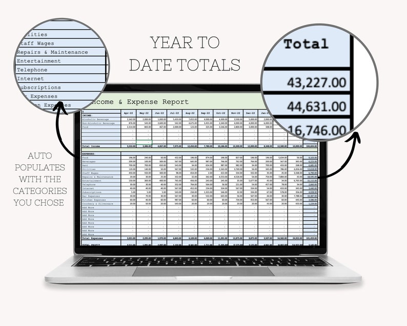 Hospitality Business Income and Expenses Bookkeeping Spreadsheet ...