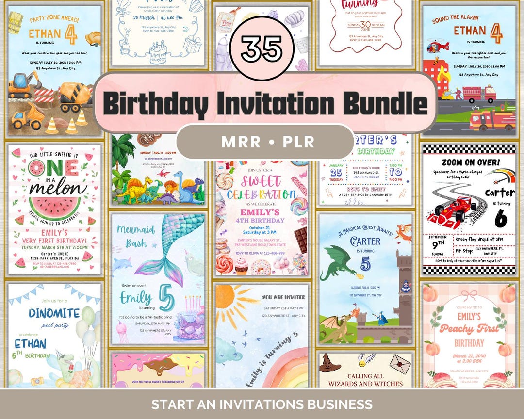 Digital Birthday Invitations Bundle | PLR & MRR Digital Product | 35 ...