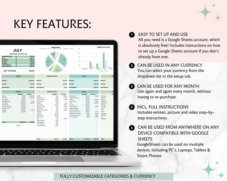 Monthly Budget Spreadsheet Template for Google Sheets, Budget Planner ...
