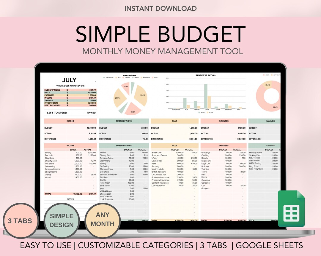 Simple Monthly Budget Spreadsheet | Google Sheet Budget Template ...