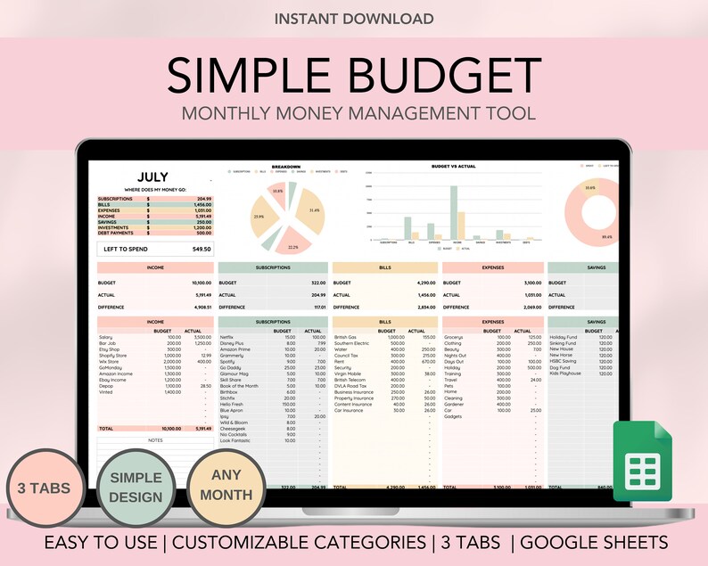 Simple Monthly Budget Spreadsheet Google Sheet Budget Template Digital ...