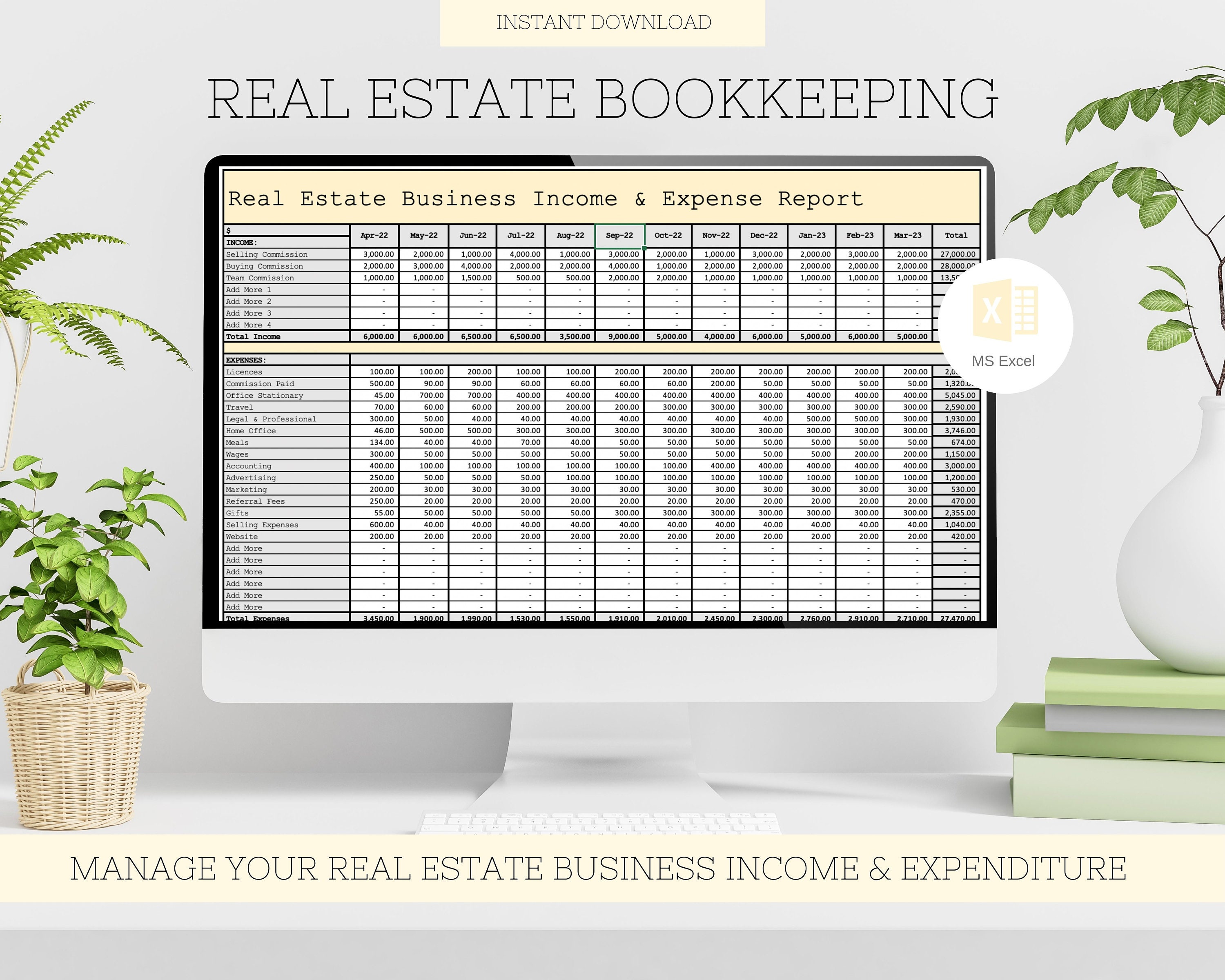 Real Estate Income and Expenses Bookkeeping Spreadsheet, Real Estate ...