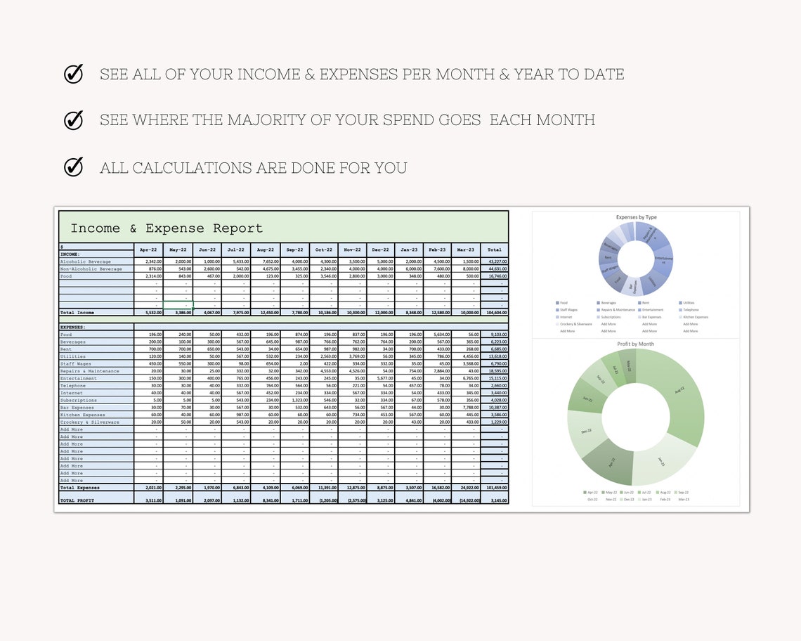 Hospitality Business Income and Expenses Bookkeeping Spreadsheet ...