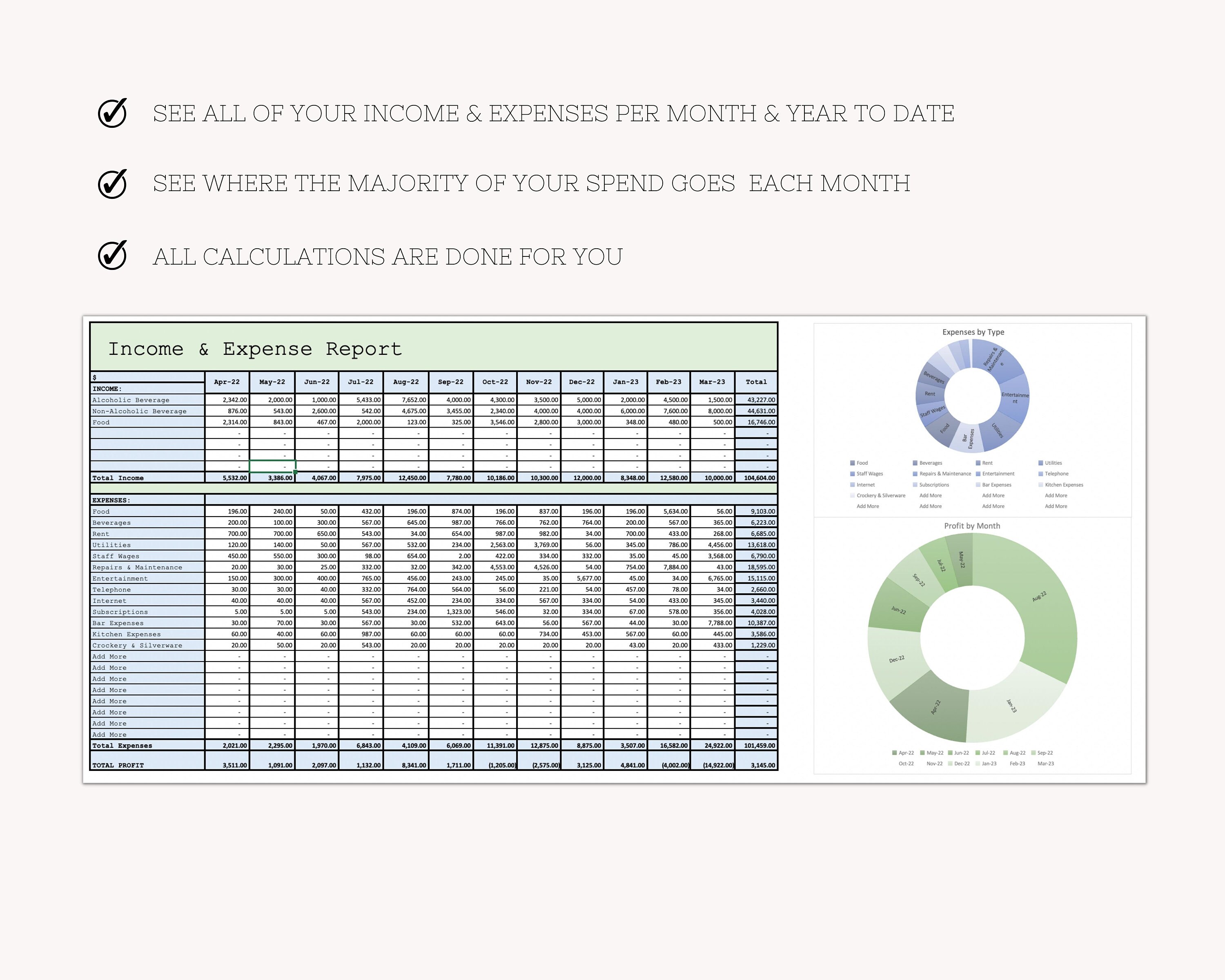 Hospitality Business Income and Expenses Bookkeeping Spreadsheet ...