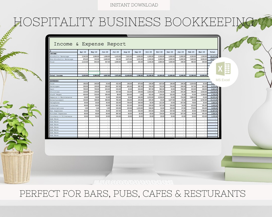 Hospitality Business Income and Expenses Bookkeeping Spreadsheet ...