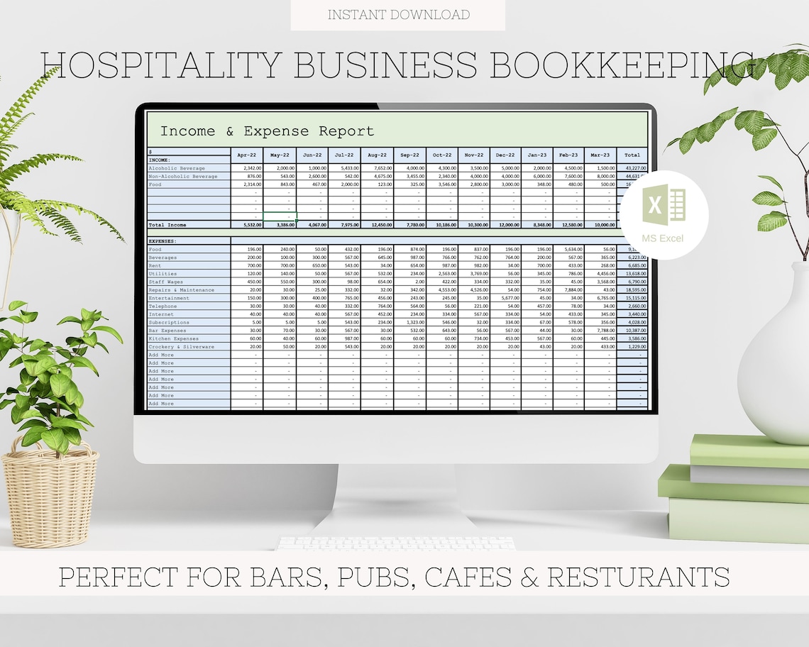 Hospitality Business Income and Expenses Bookkeeping Spreadsheet ...