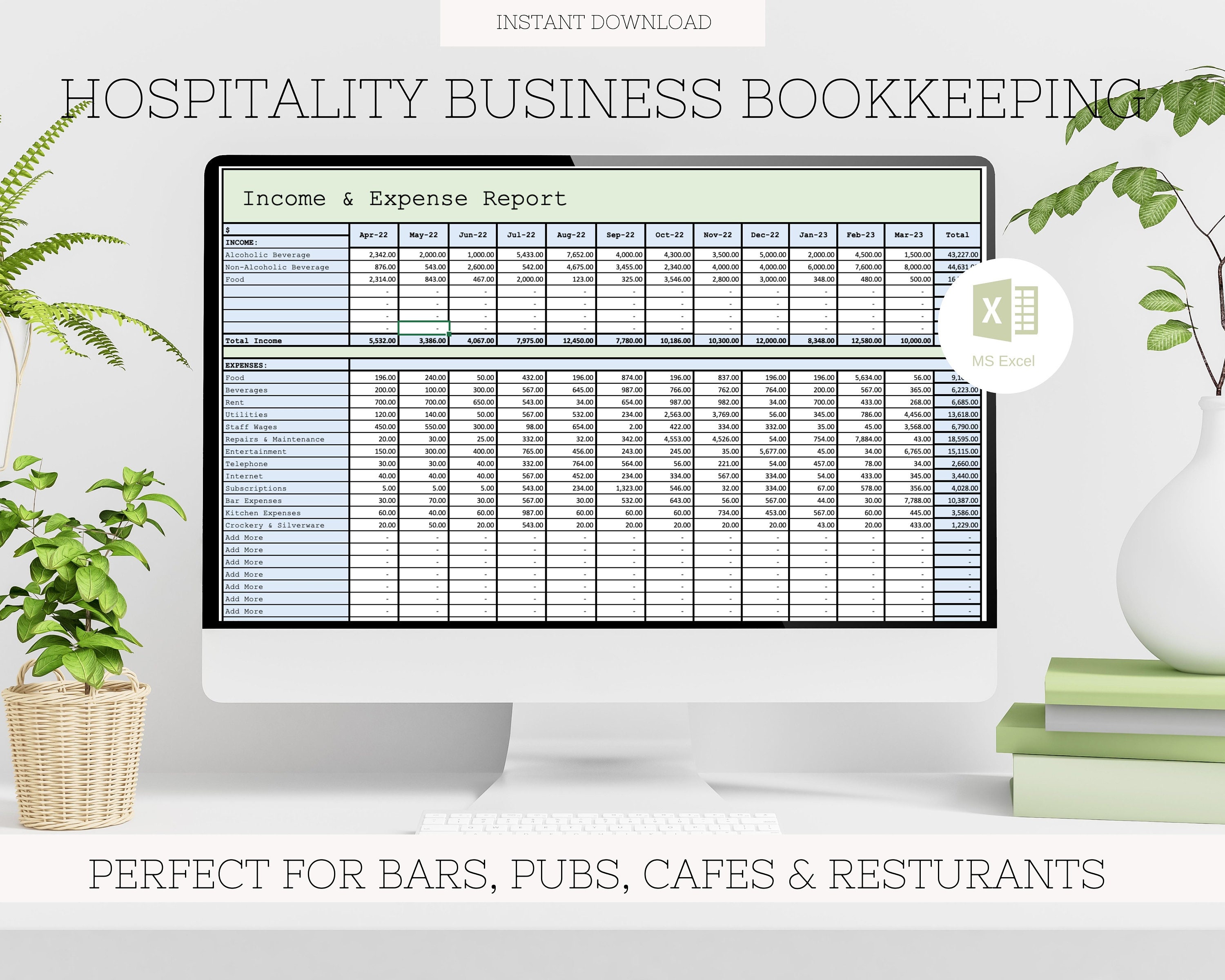 Hospitality Business Income and Expenses Bookkeeping Spreadsheet ...