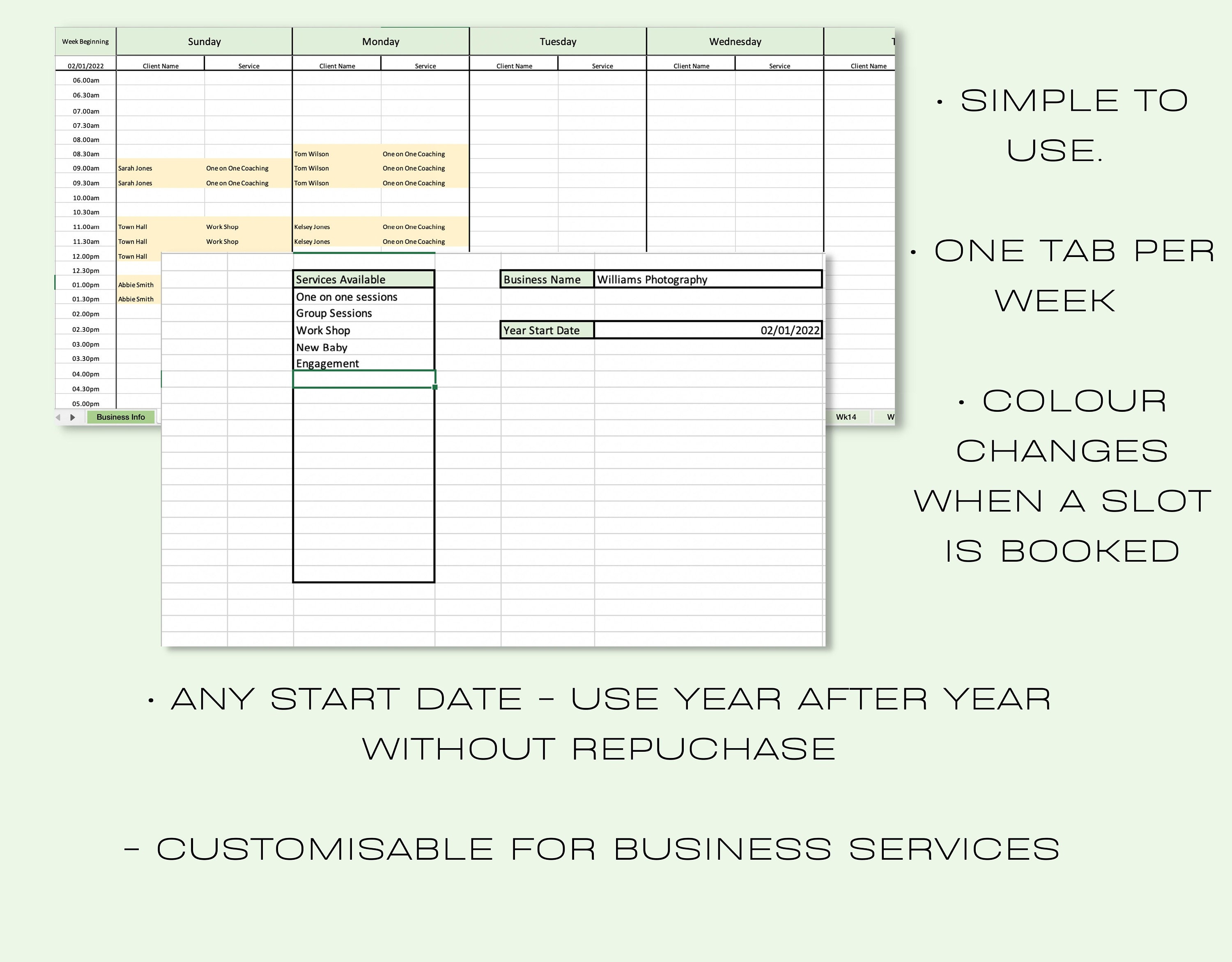 Appointment Booking Spreadsheet, Client Appointment Schedule, Client ...