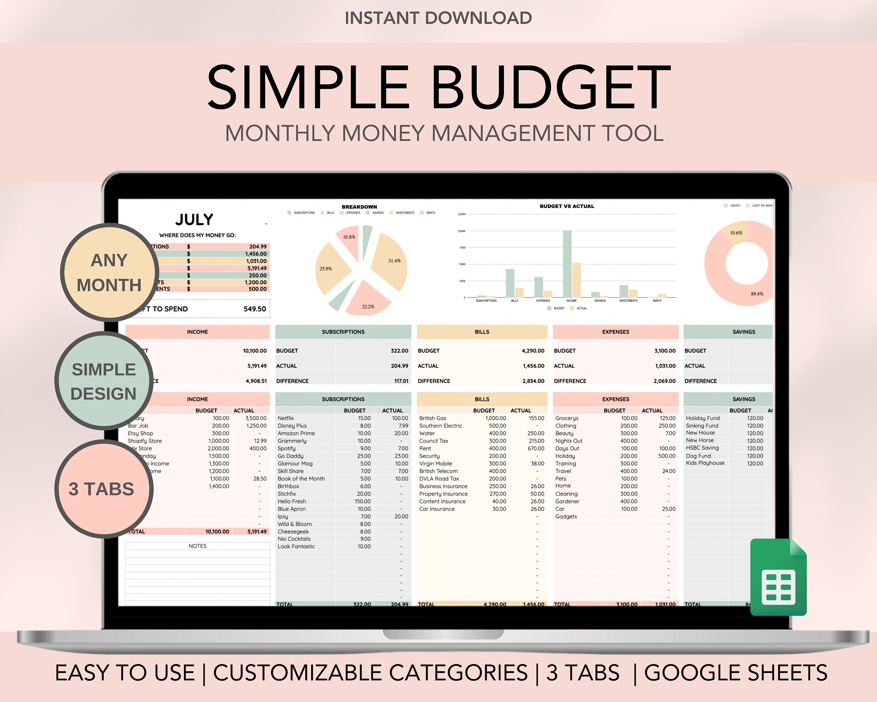 Monthly Budget Spreadsheet Template for Google Sheets Budget - Etsy