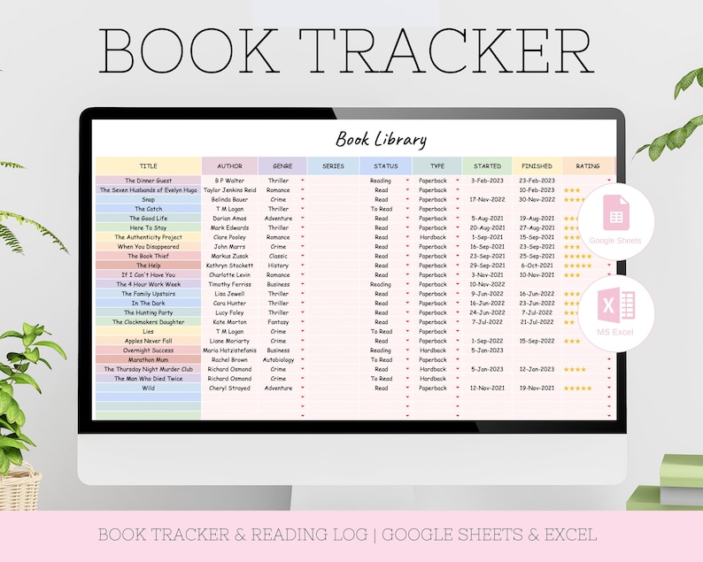 Book Tracker and Reading Log for Google Sheets and Excel, Bibliophile ...