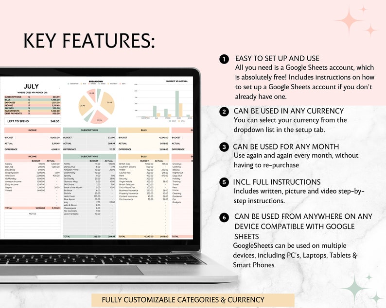 Simple Monthly Budget Spreadsheet Google Sheet Budget Template Digital ...
