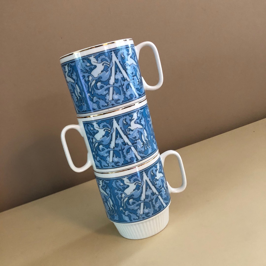 Vintage 60s Stackable Porcelain Coffee Mugs W Bright Blue Swirl and ...