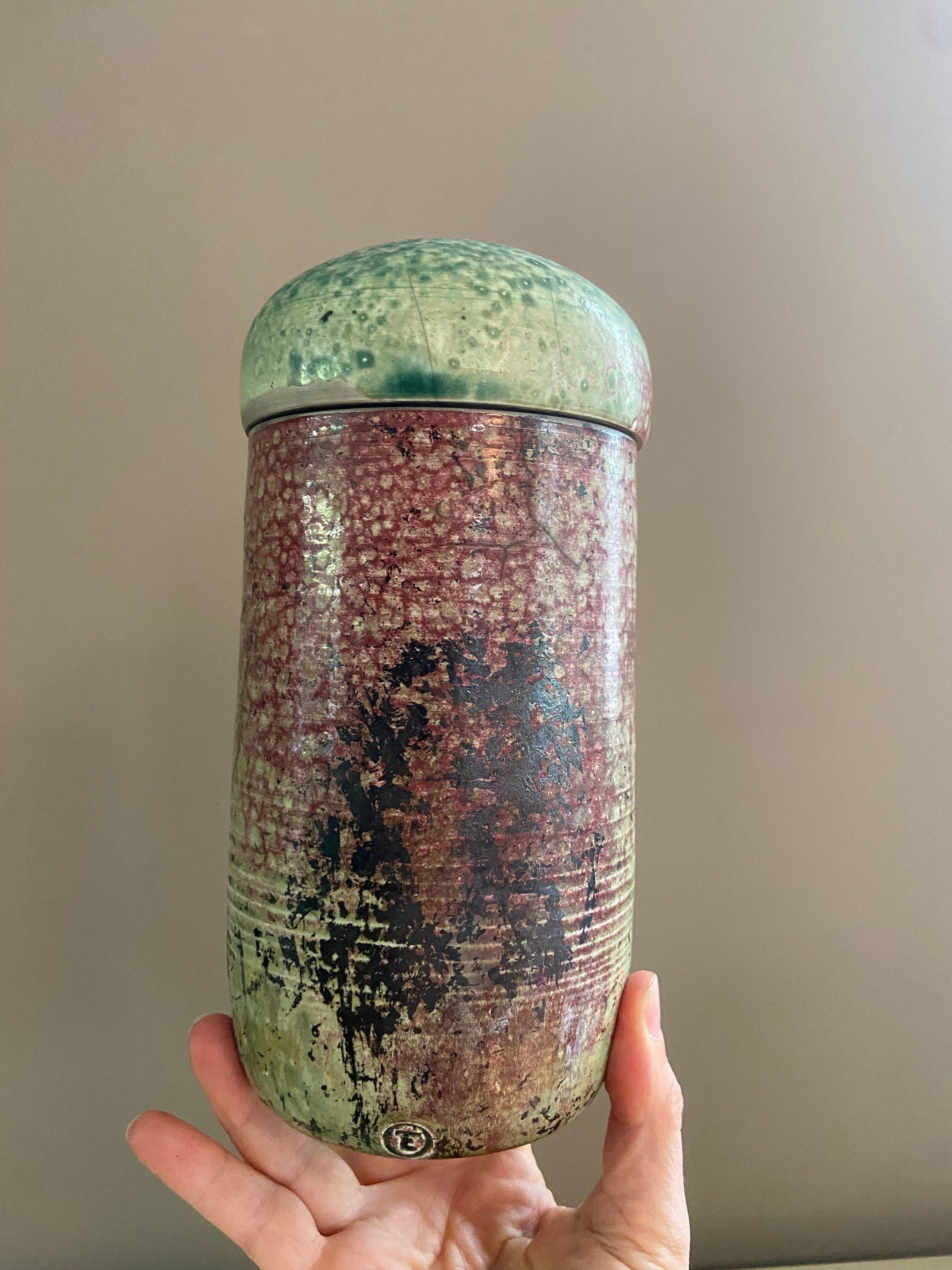 Eclectic Studio Pottery Artist Signed Raku Glaze Large Lidded Jar ...