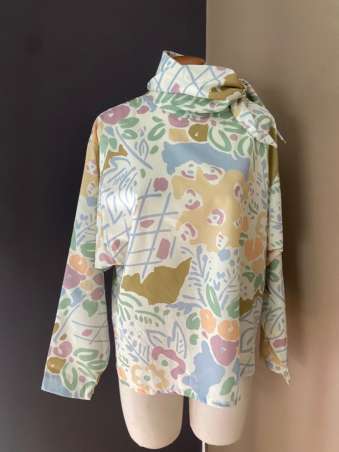 Vintage 80s 1980s Abstract Flower Print High Neck David Strauss Bouse ...