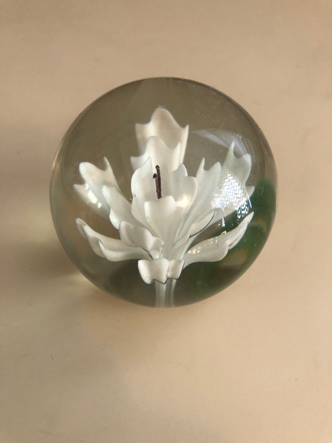 Vintage Small Art Glass Paperweight With White Lotus Flower Zen ...