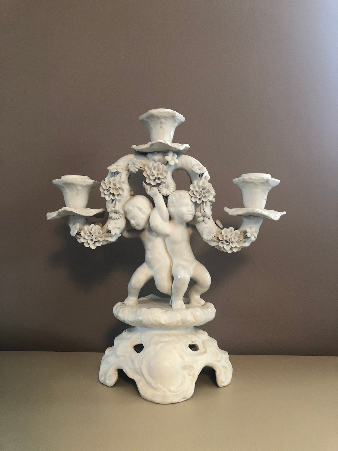 Vintage Italian White Carved Chalkware Candelabra Cherub Torchiere 3 ...