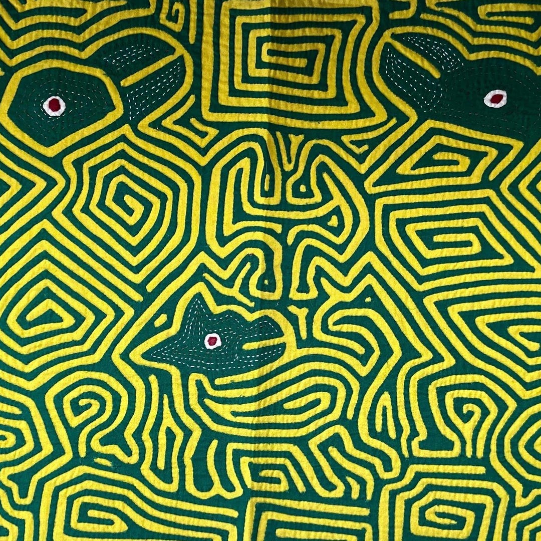 Vintage MCM 70s Hand Made Stitched Cuna People Mola Wall Art Green and ...