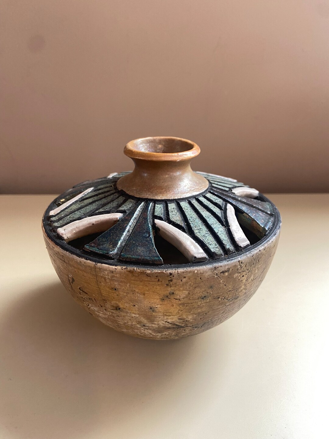 James Jim LOSO Raku Vase Studio Art Pottery, Signed Geometric Cut-out ...