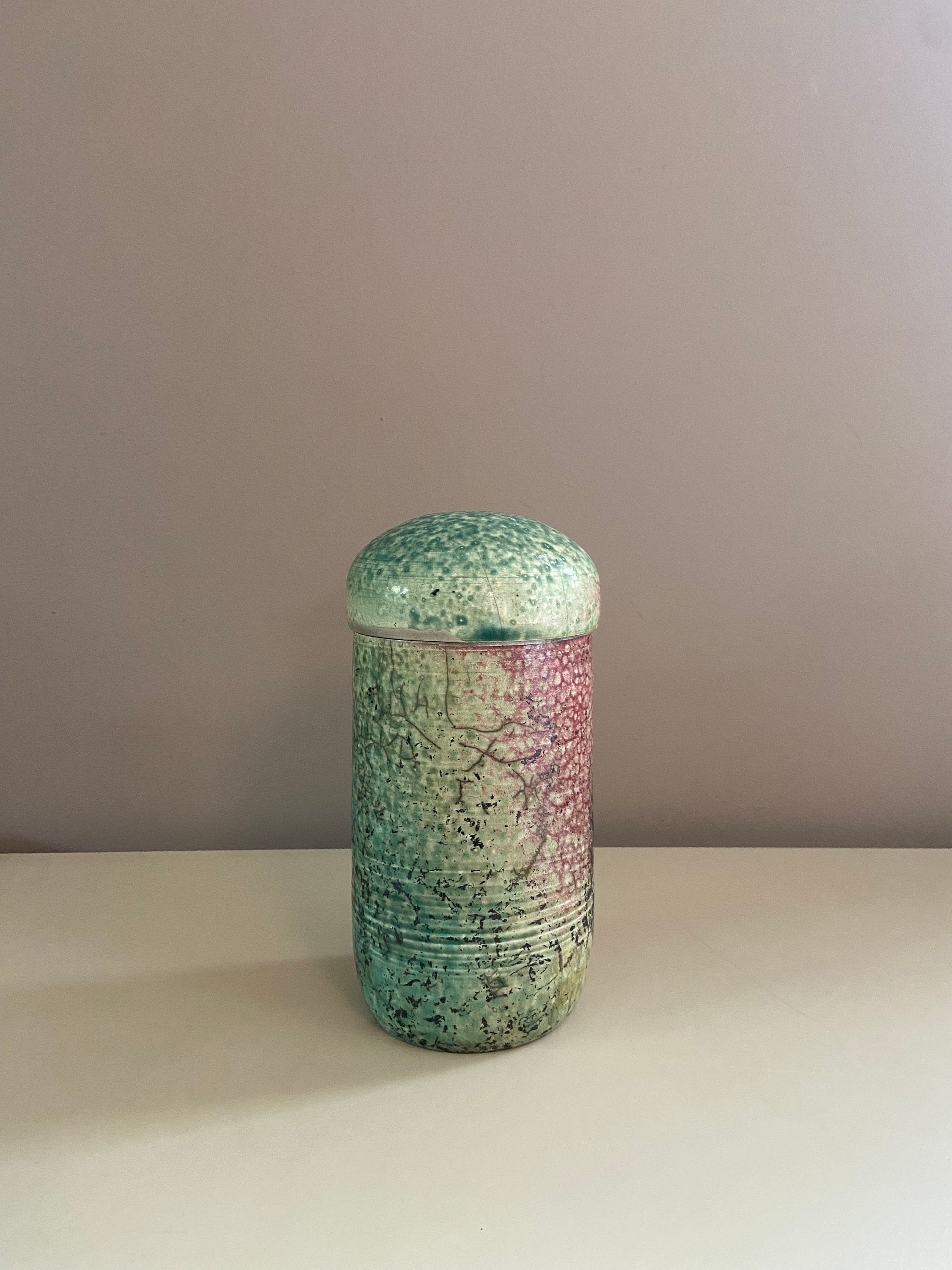 Eclectic Studio Pottery Artist Signed Raku Glaze Large Lidded Jar ...