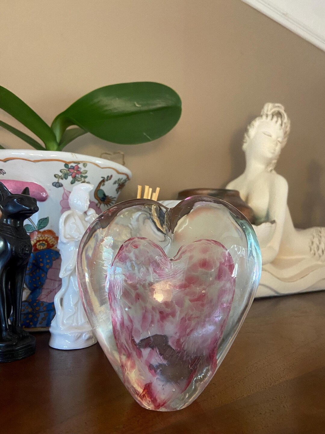 Vintage 80s Handmade Heavyweight Heart-shaped Clear and Pink Art Glass ...