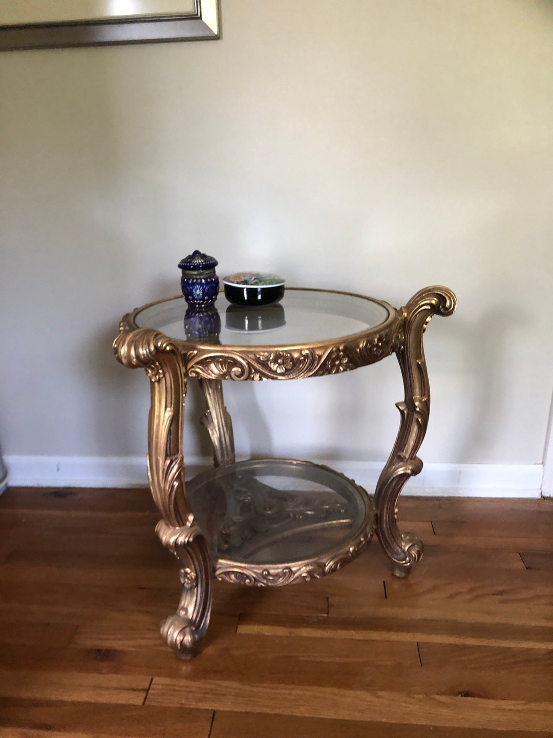 Vintage 70s Neoclassical French Gold Gild With Glass Surface Round Side ...