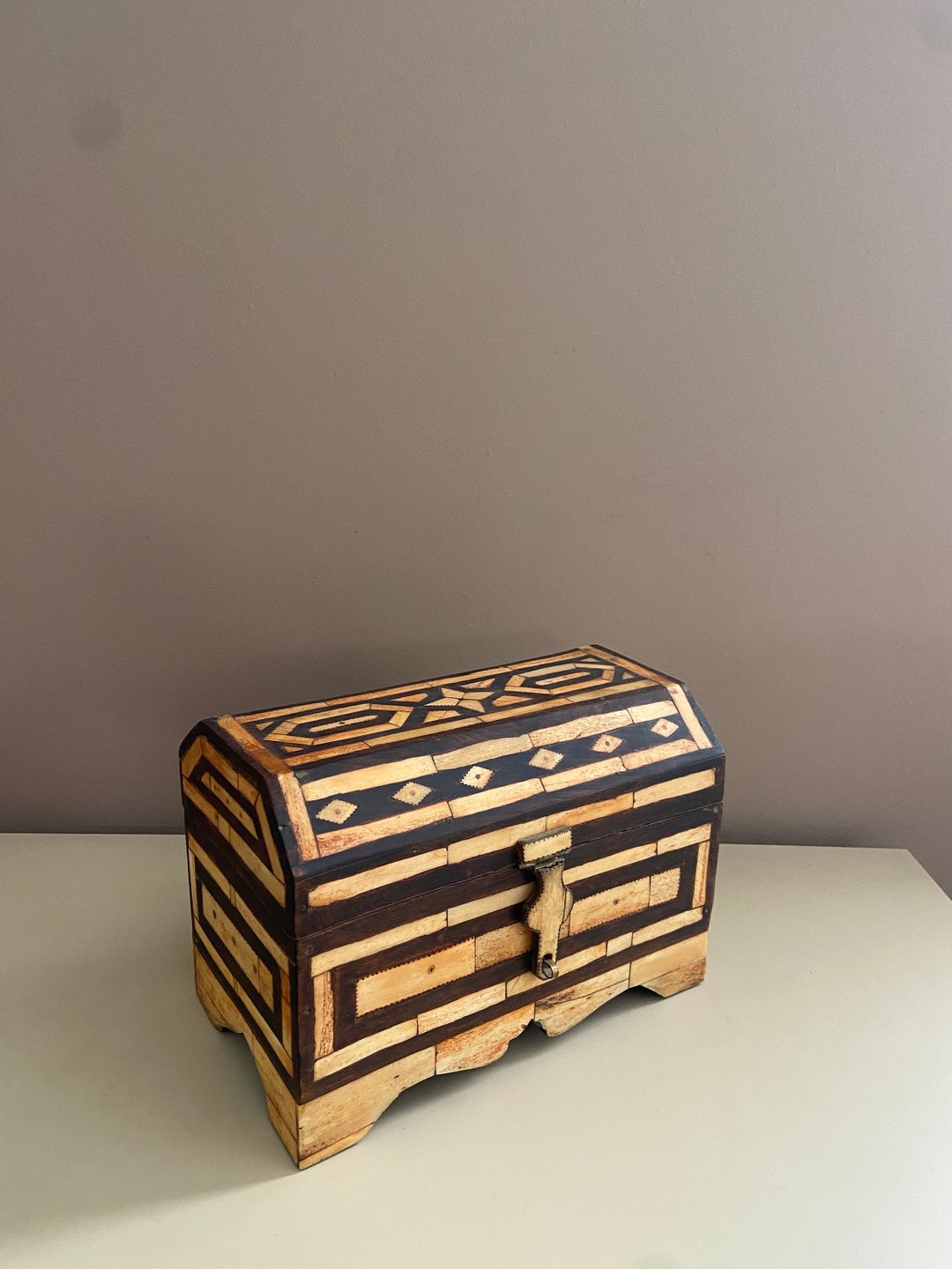 Antique Maroccan African Treasure Chest Box Inlaid Camel Bone and Wood ...