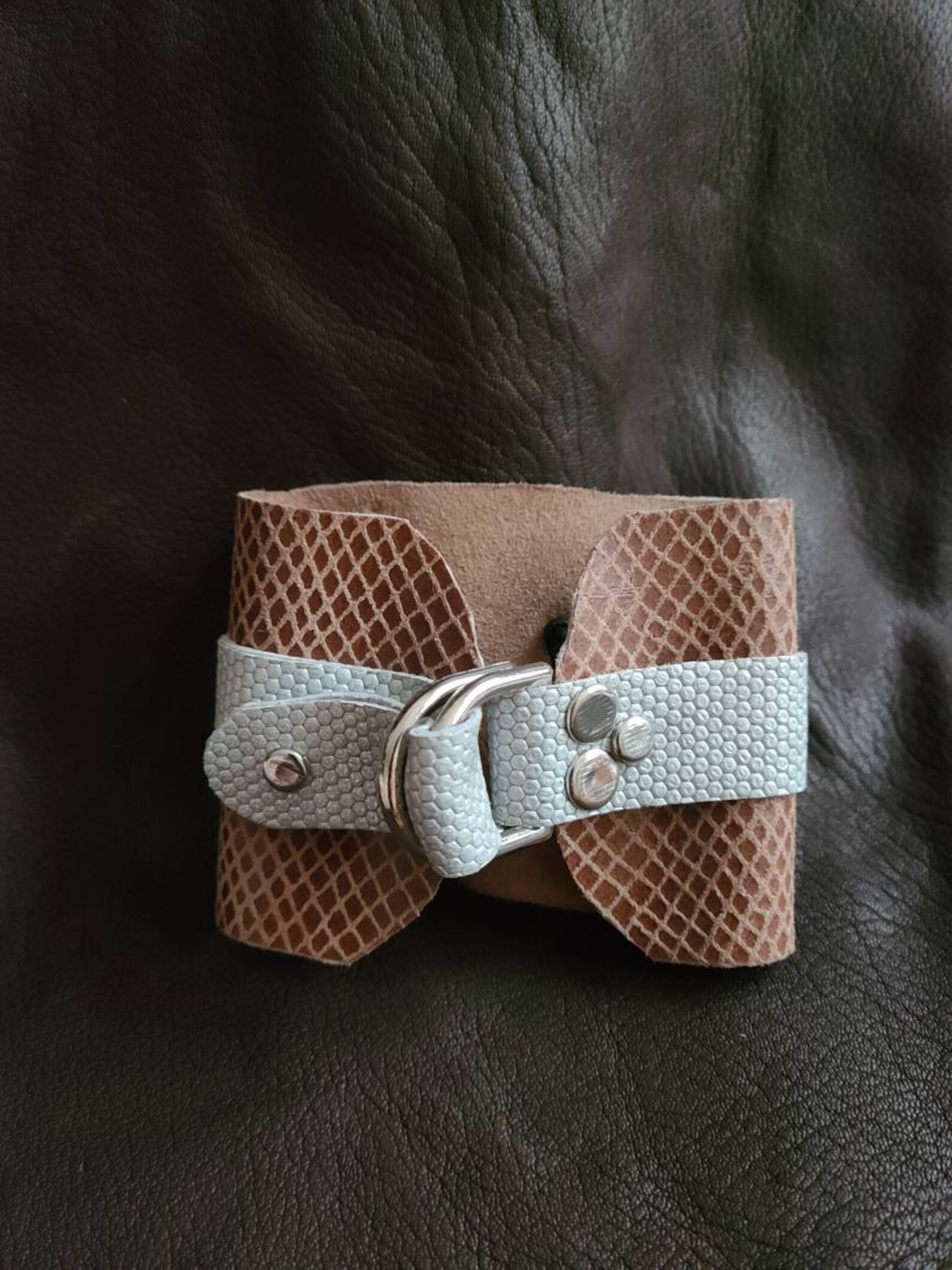 Handmade Snakeskin Embossed Leather Bracelet, With Studs and D Ring ...