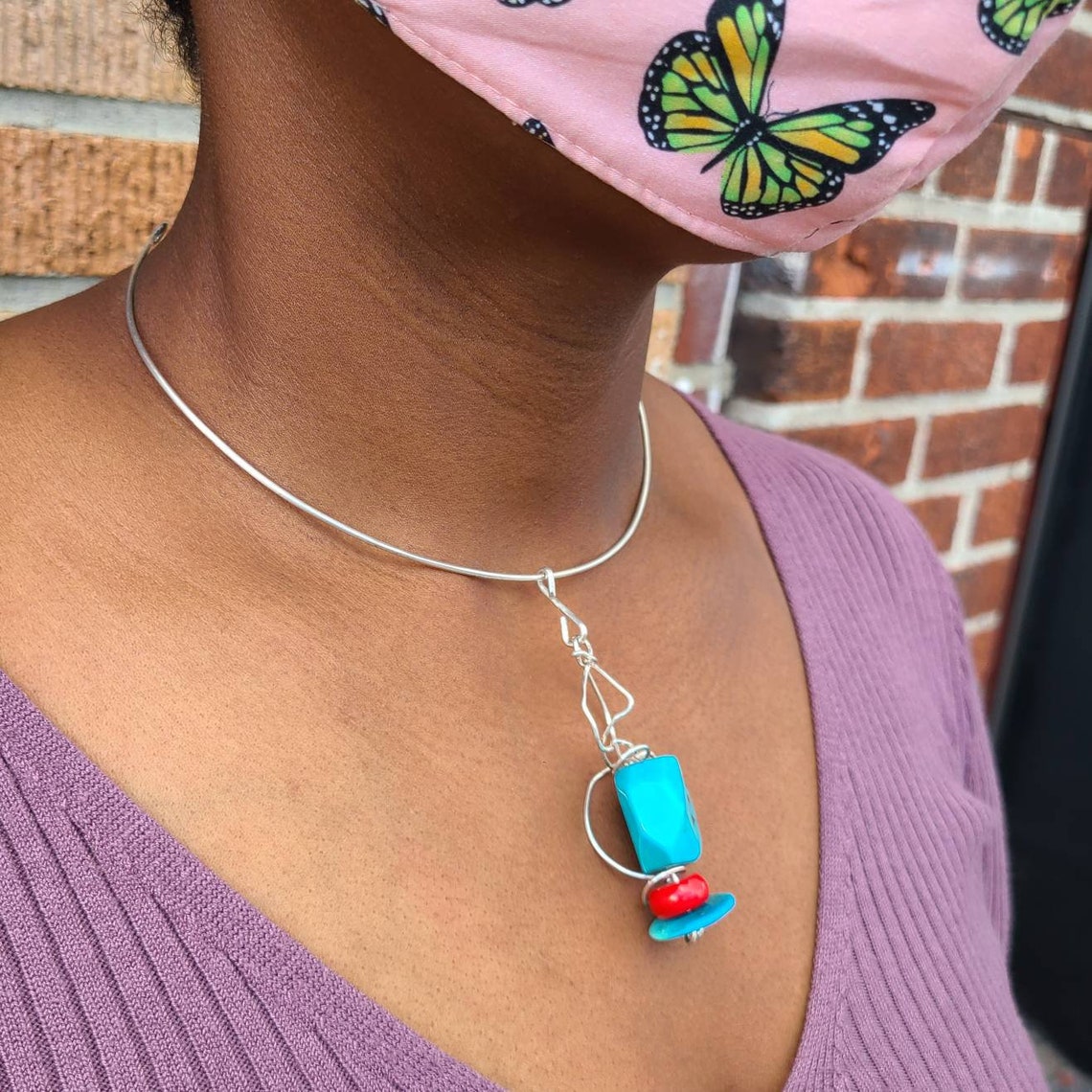 Handmade Sterling Silver Wire Necklace With Large Chunks Turquoise ...