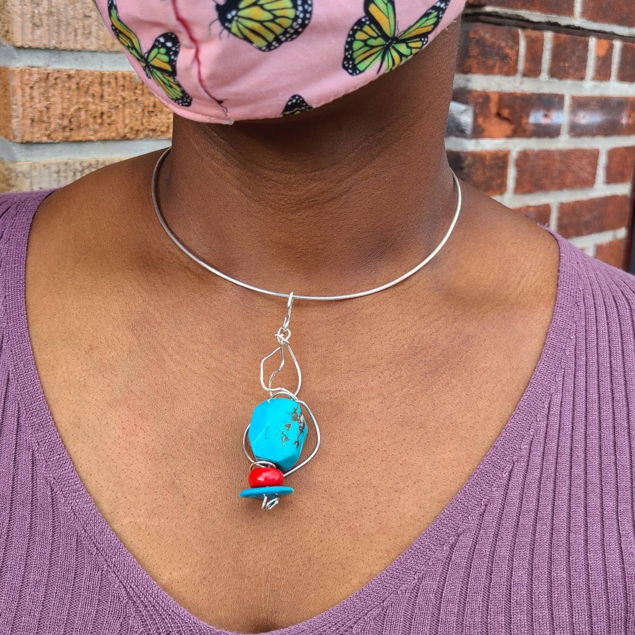 Handmade Sterling Silver Wire Necklace With Large Chunks Turquoise ...