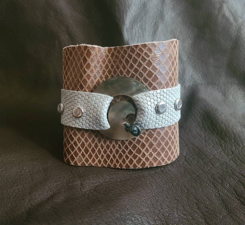 Handmade Snakeskin Embossed Leather Bracelet, With Studs and D Ring ...