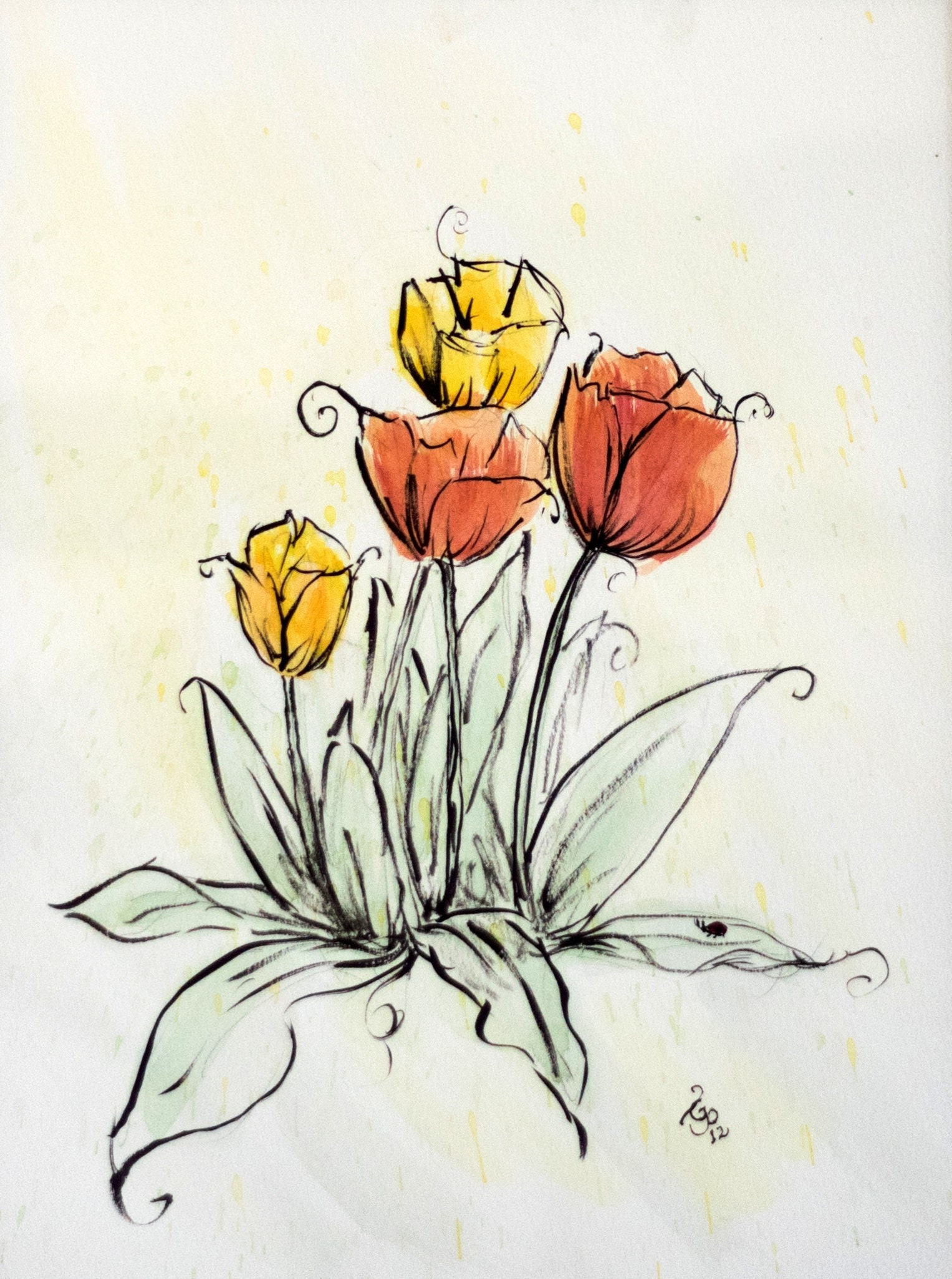 Spring Tulips, Colorful Tulips, Yellow and Orange Tulips, Watercolor - Etsy