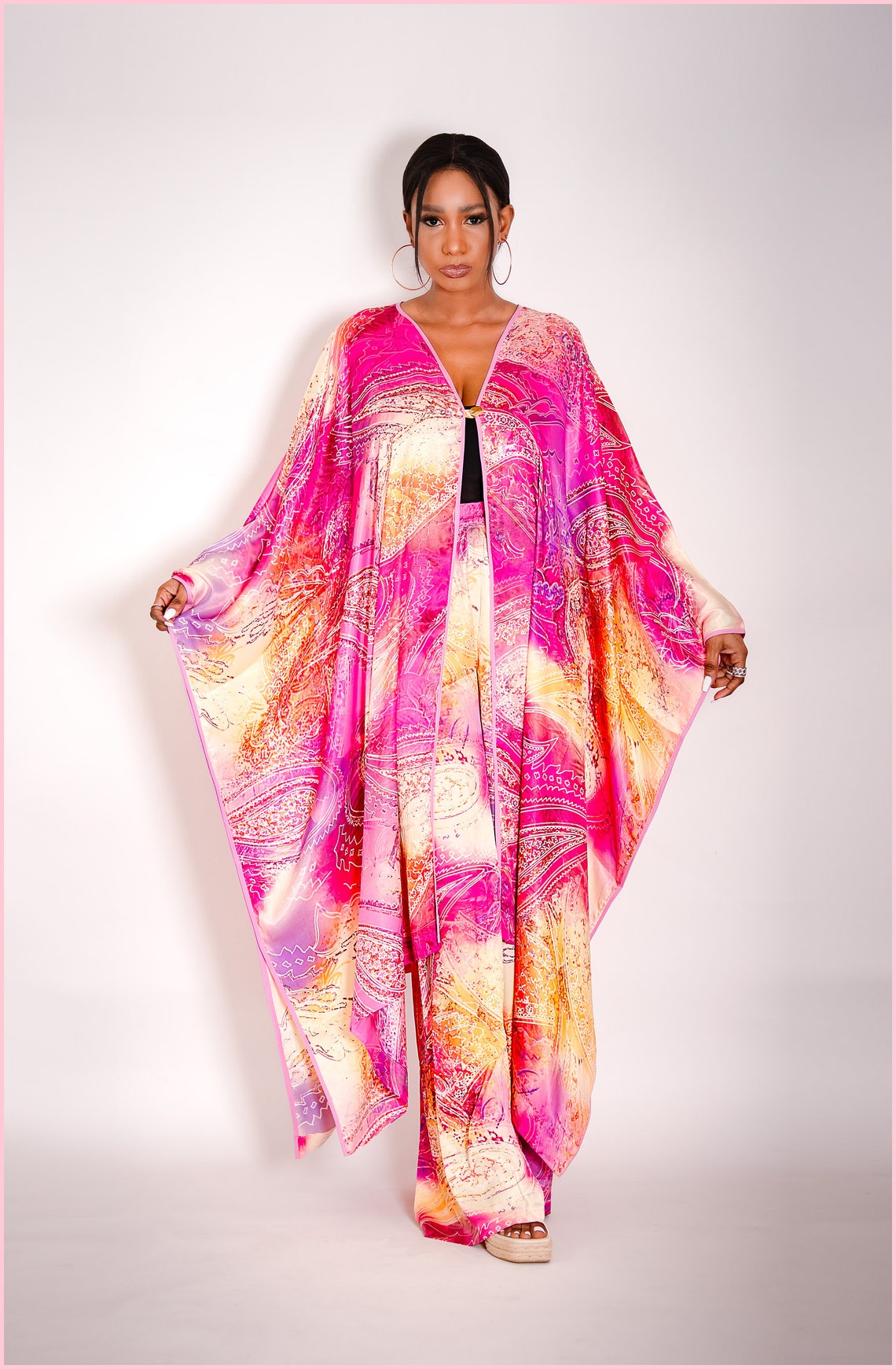 Printed Silk Satin Kaftan Set: Two-piece Palazzo Pants - Etsy