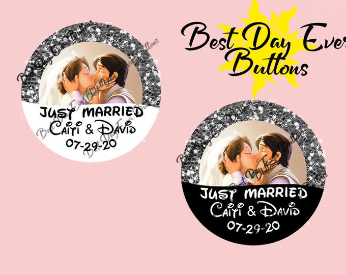 Rapunzel and Eugene-disney Just Married Buttons-disney Wedding Buttons ...