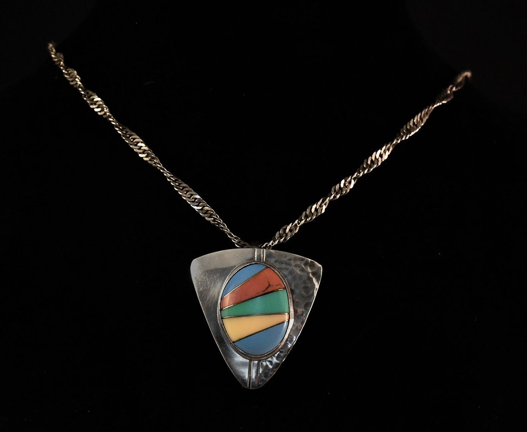 Vintage Frank Mahoney Navajo Triangle Silver Pin/pendant With Multi ...